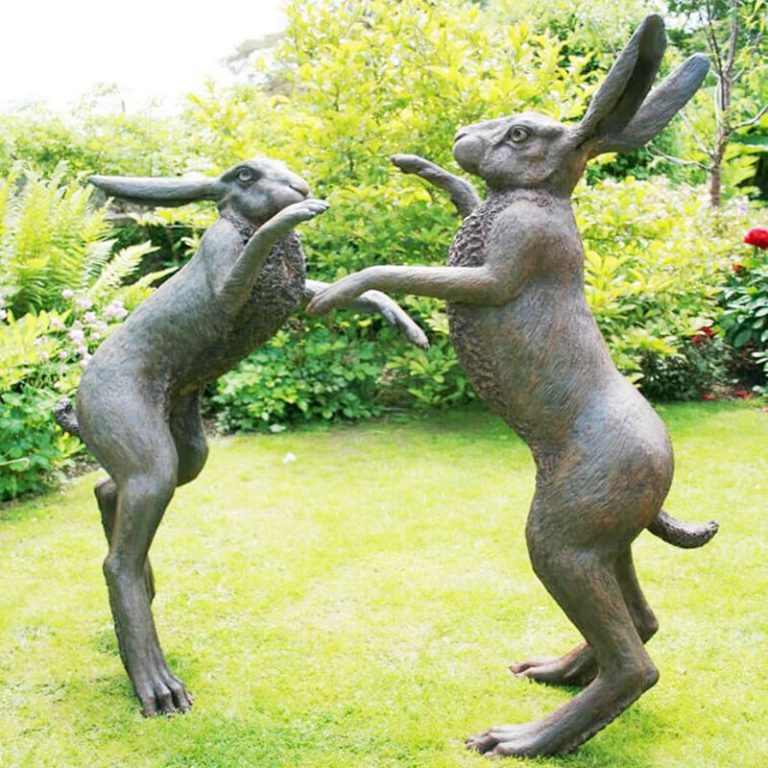 Large Bronze Boxing Hares Garden Ornament - YouFine