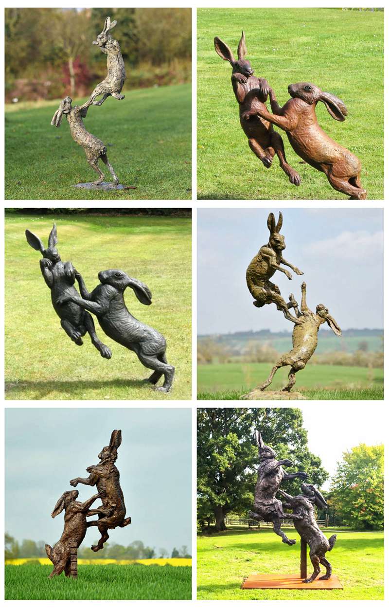Large Bronze Boxing Hares Garden Ornament - YouFine
