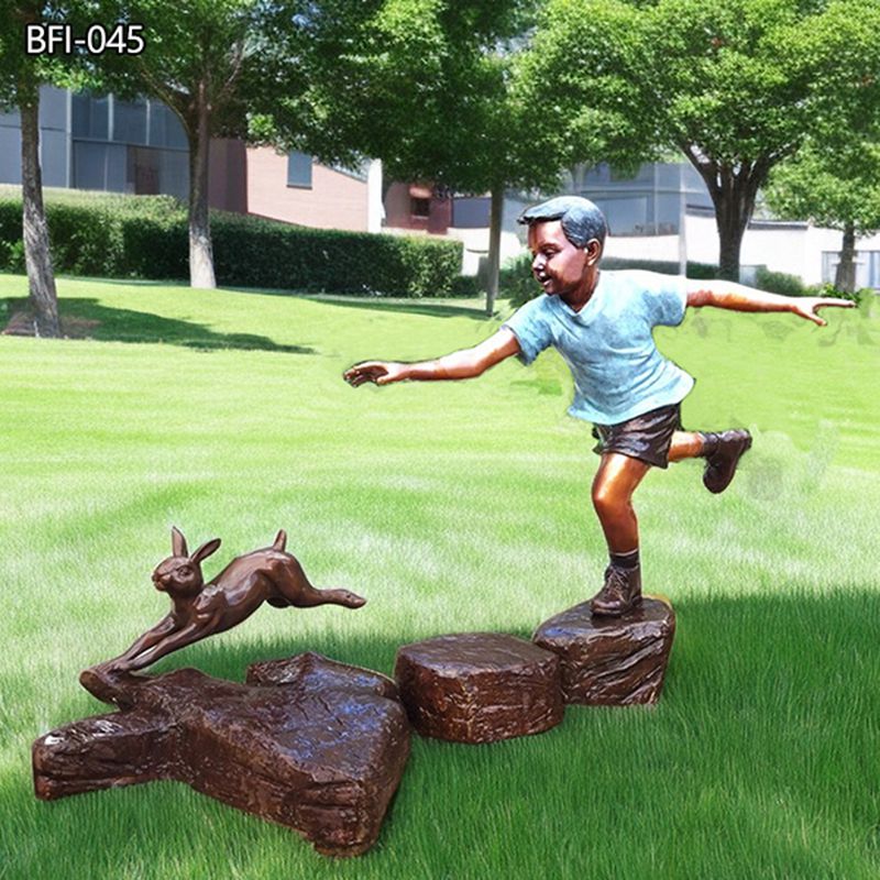 Bronze Child Sculpture Playing Rabbit Chasing - YouFine