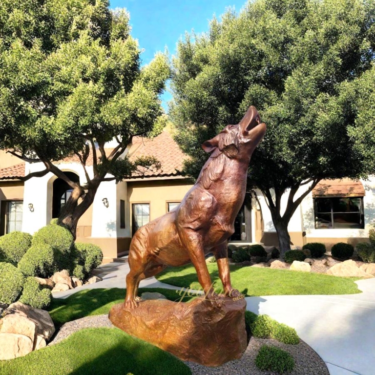 Large Bronze Howling Wolf Statue